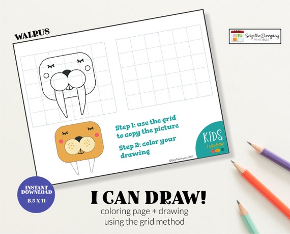 Coloring Page. I Can Draw Series. Grid Drawing. Walrus. | Etsy