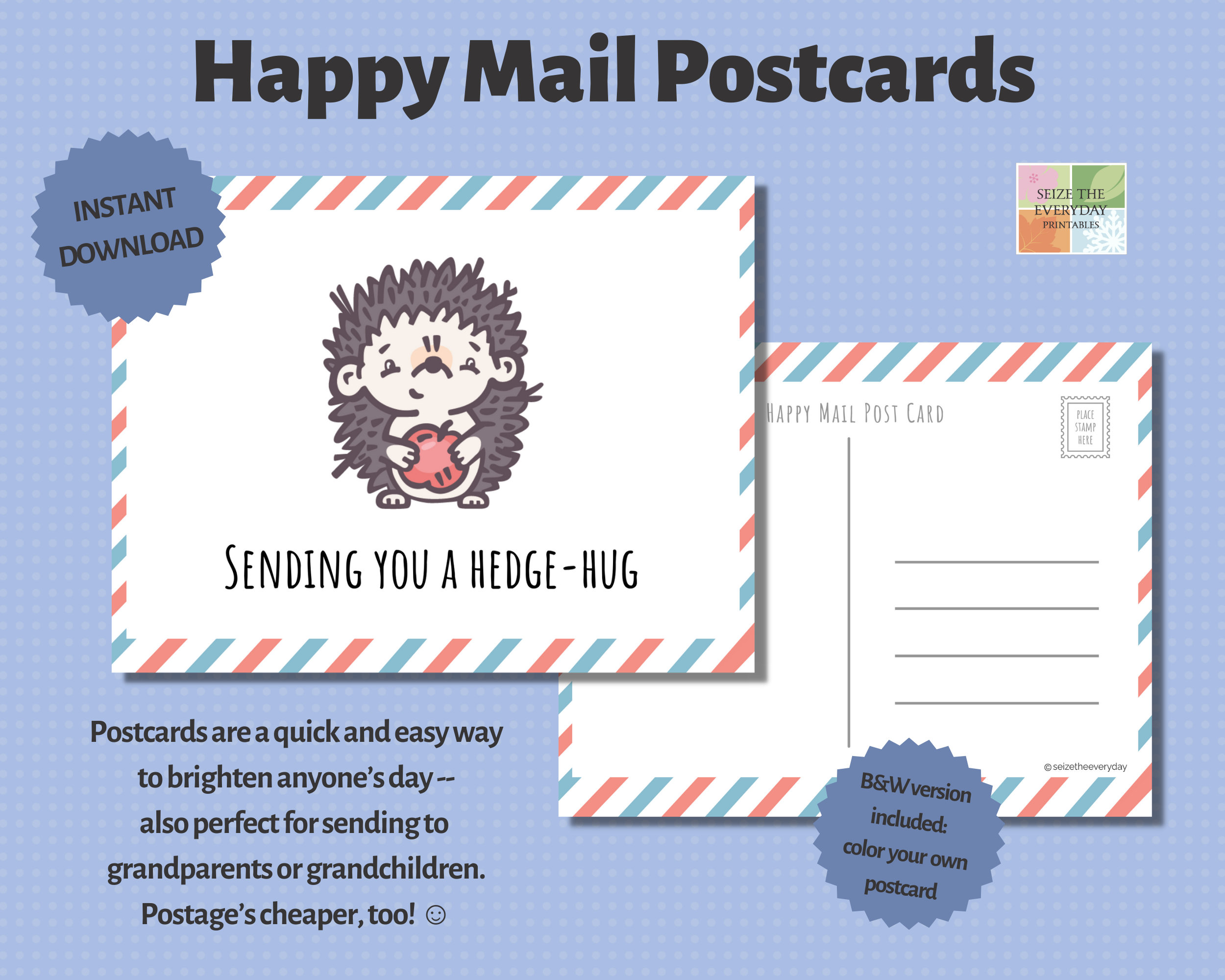 Hedge-hug Postcard. Color and B&W Versions Included. Happy Mail ...