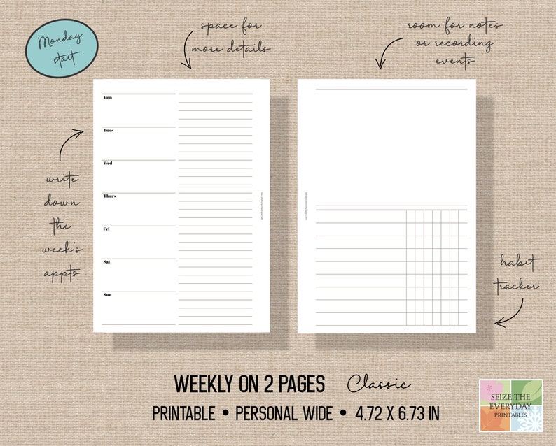 PRINTABLE WEEKLY PLANNER on 2 Pages, Planner Printable, Personal Wide ...