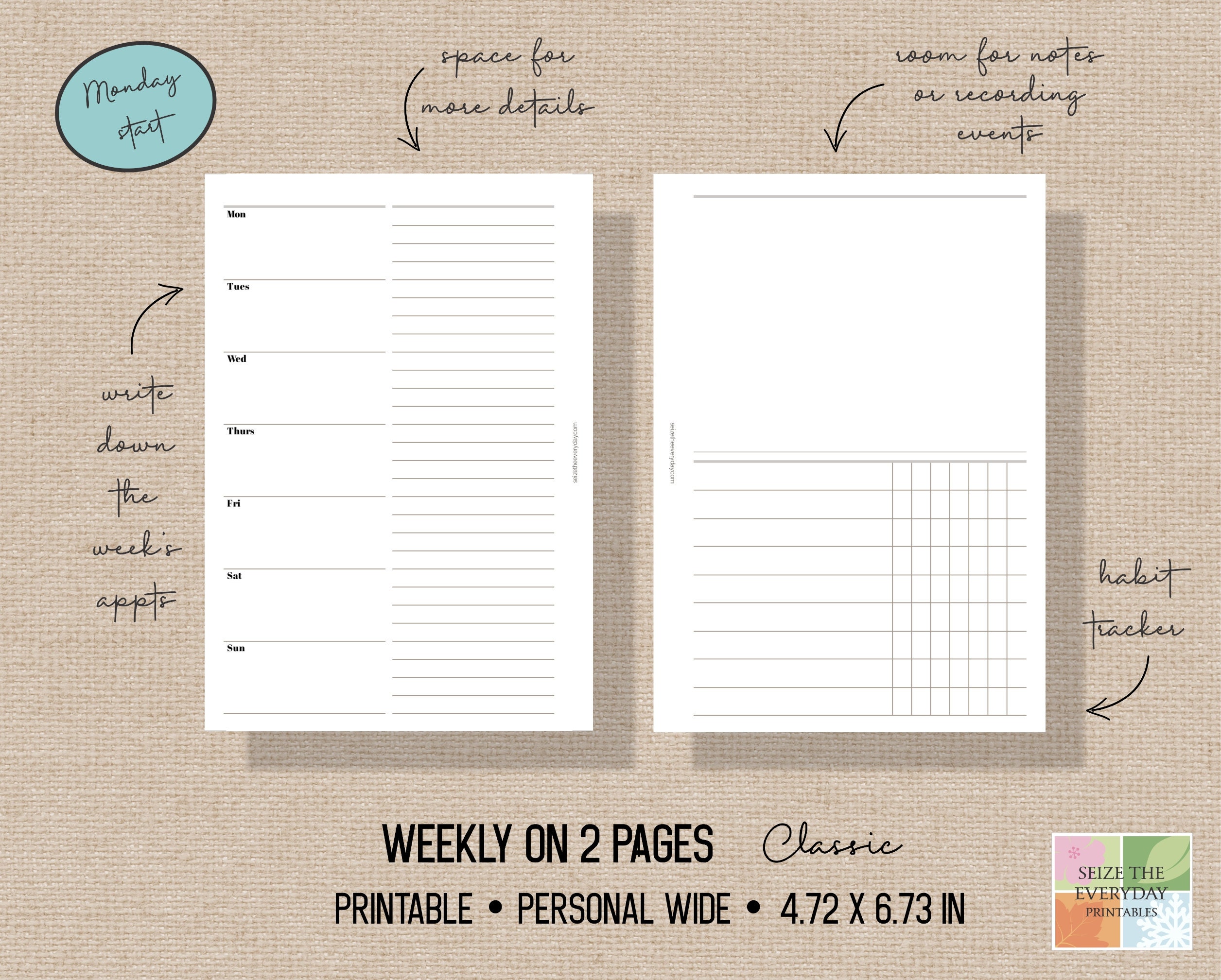PRINTABLE WEEKLY PLANNER on 2 Pages, Planner Printable, Personal Wide ...