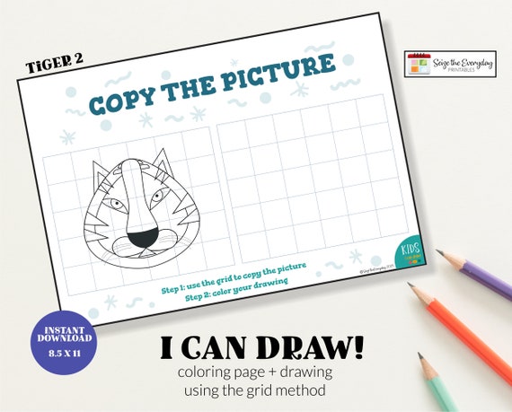 Coloring Page. I Can Draw Series. Grid Drawing. Tiger 2. - Etsy