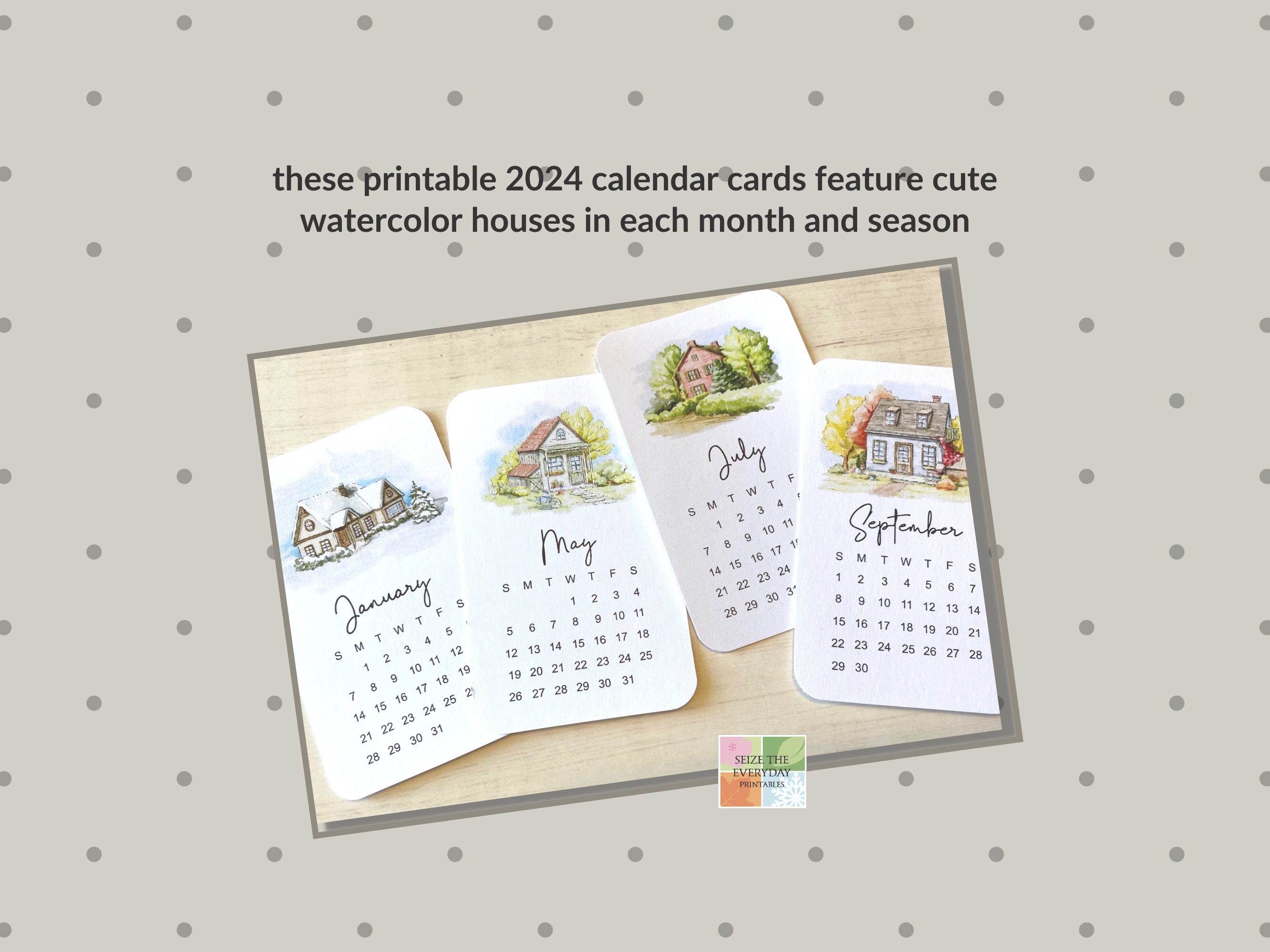 Printable 2024 Calendar Journal Cards. Monthly. Watercolor Houses ...
