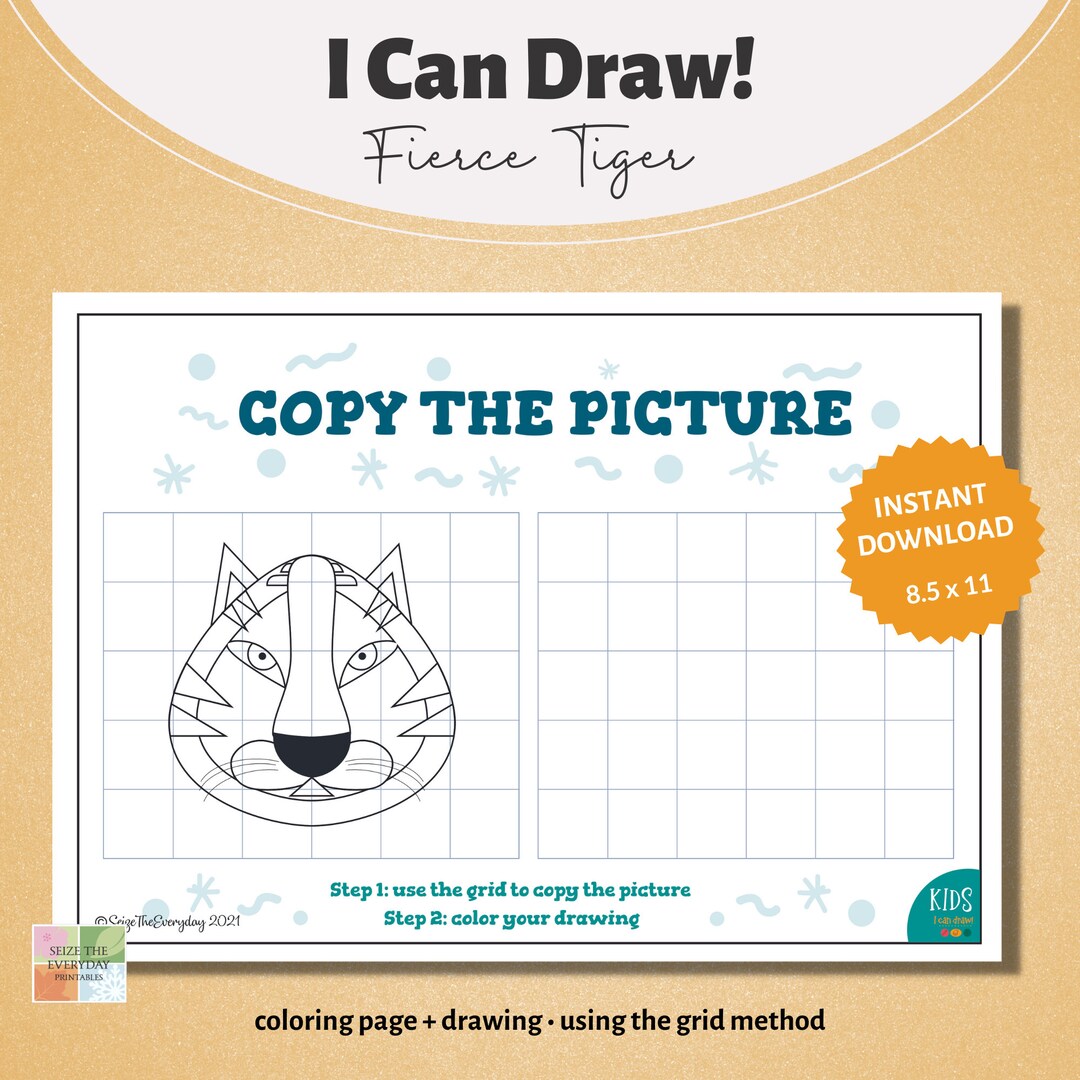 Coloring Page. I Can Draw! Series. Grid Drawing. Fierce Tiger ...