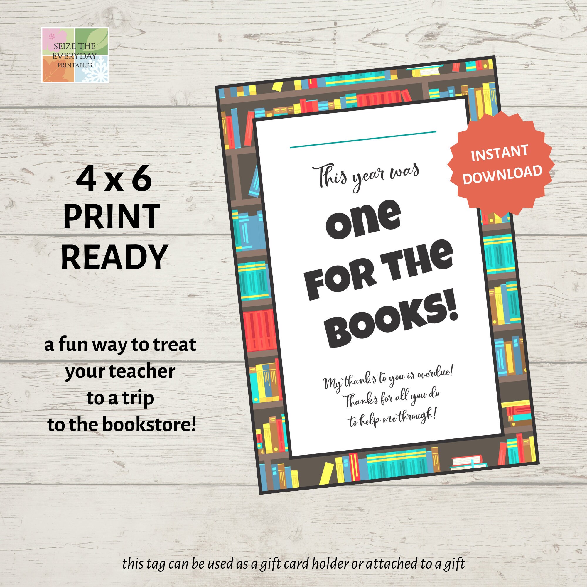 Teacher Appreciation Gift Card Holder. One for the Books Theme. Instant ...