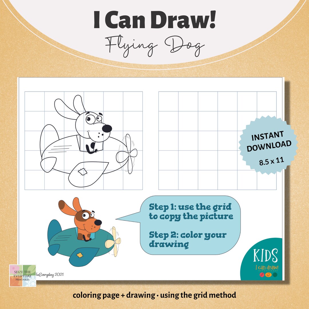 Coloring Page. I Can Draw! Series. Grid Drawing. Flying Dog. Printable ...