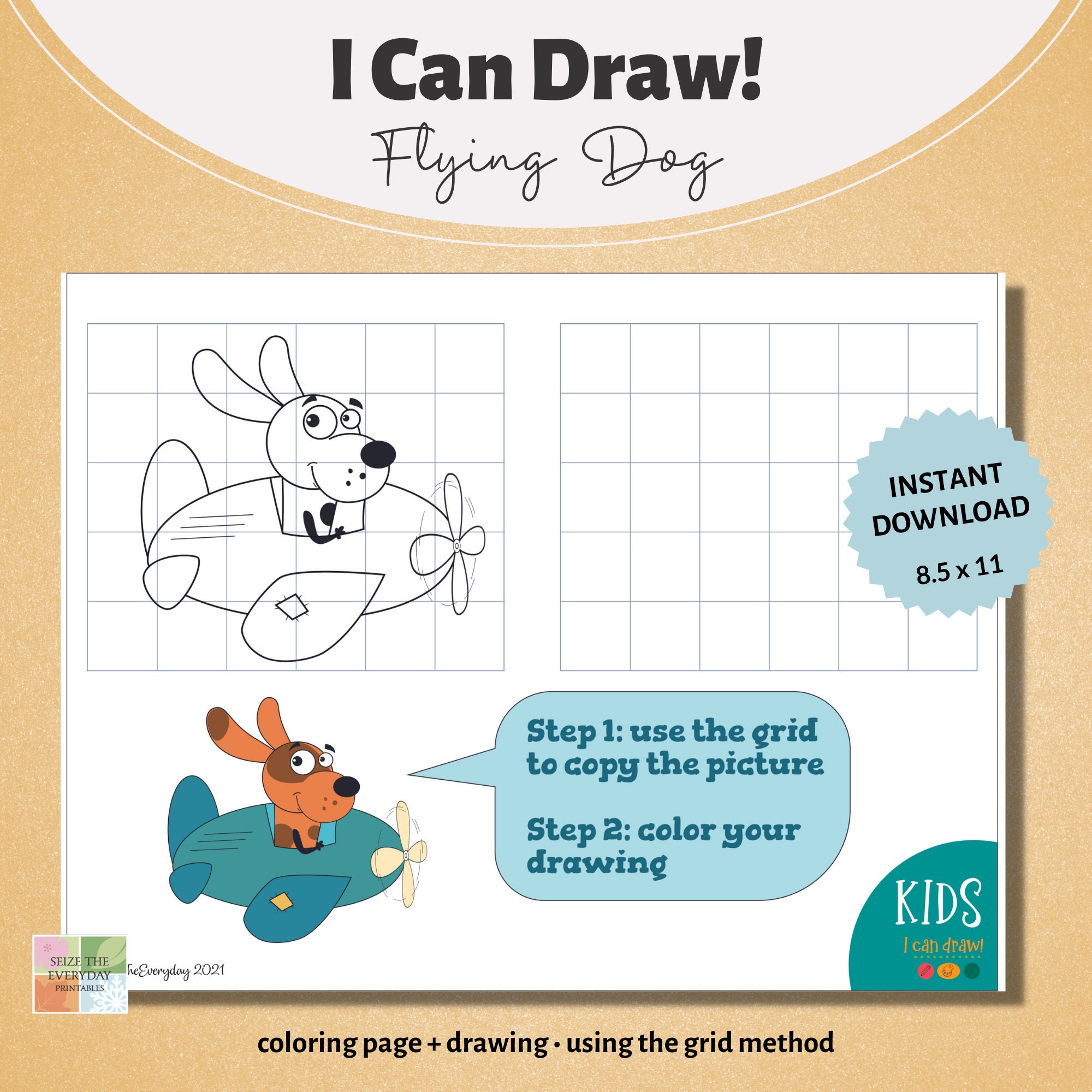 Coloring Page. I Can Draw! Series. Grid Drawing. Flying Dog. Printable ...