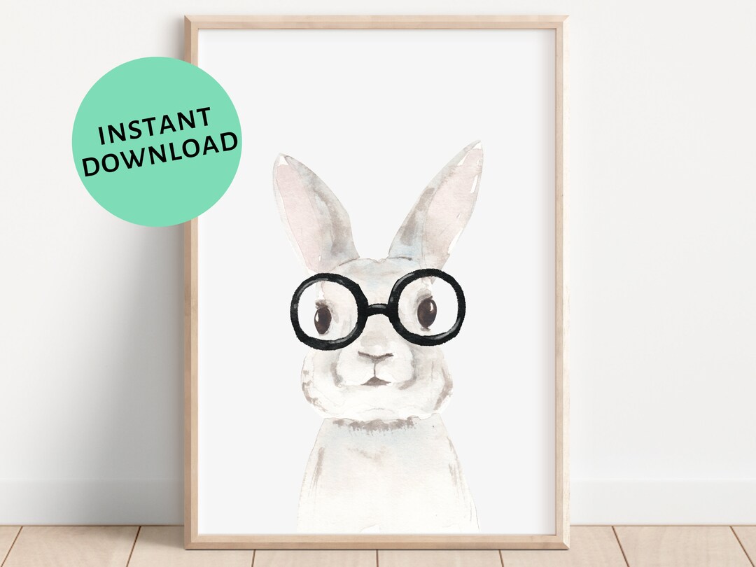 PRINTABLE Cute Bunny Wearing Glasses Print, Nursery Wall Art, Spring ...