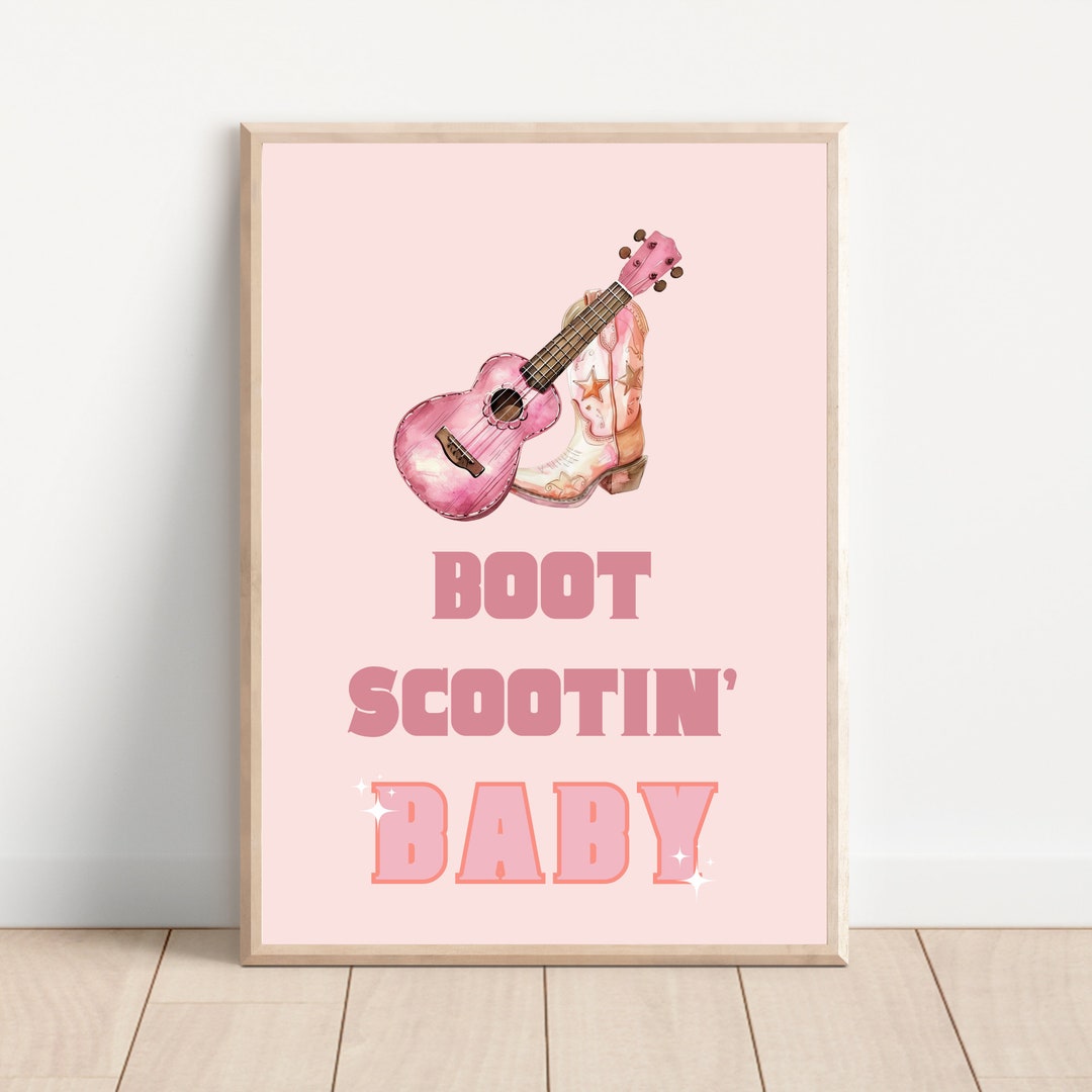 Boot Scootin' Baby Pink Line Dancing Print, Pink Guitar, Cowgirl Boots ...