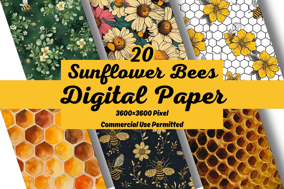 Sunflower Bees Digital Paper, Seamless Gold Honey Bee Patterns ...