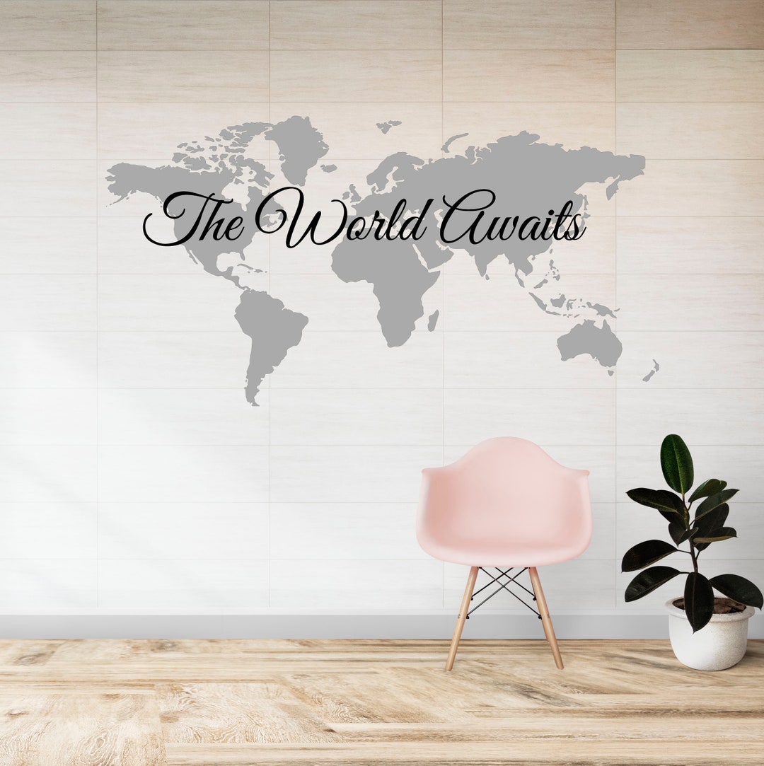 Large World Awaits World Map Wall Decal Living Room Decal - Etsy