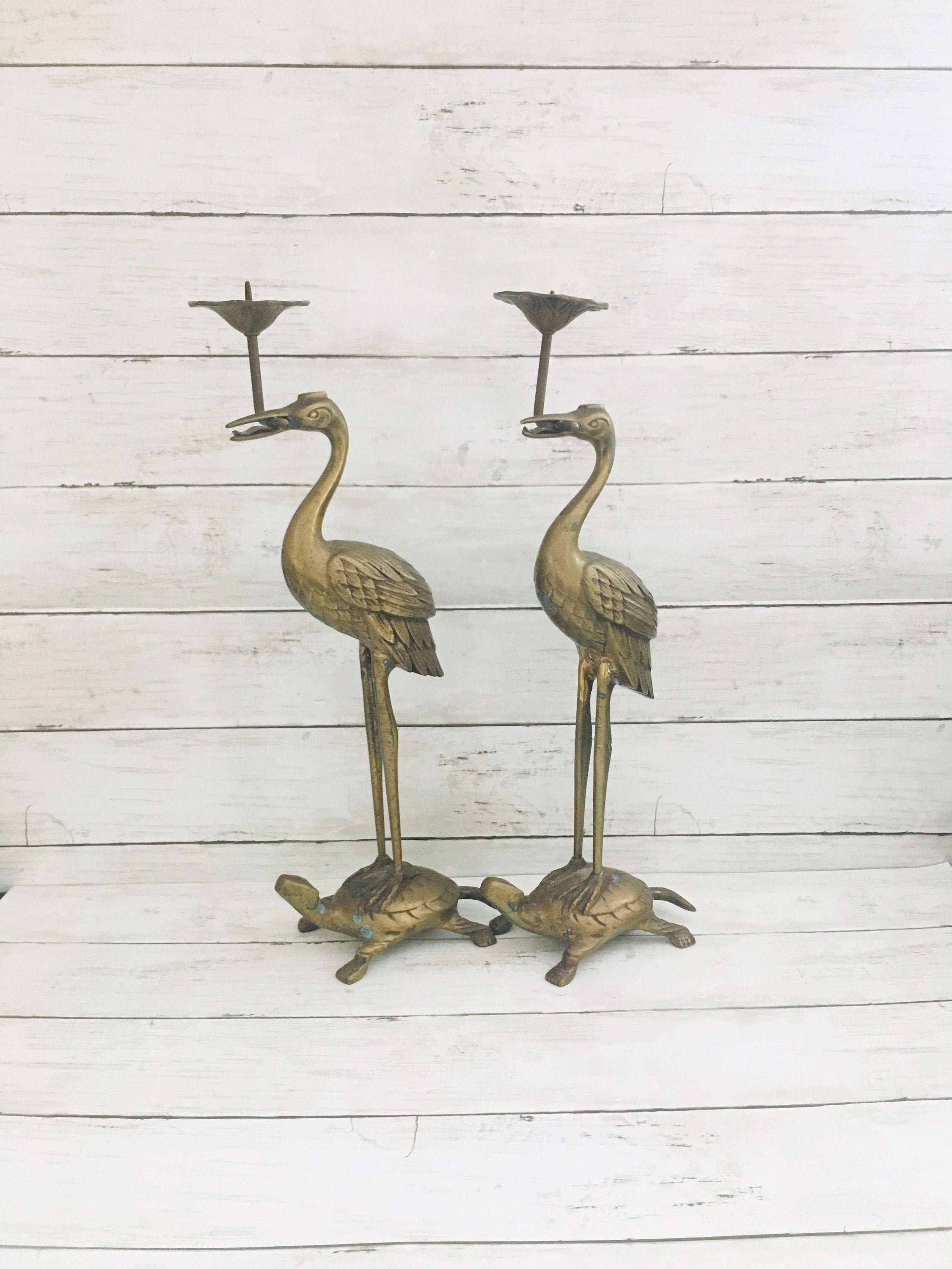 Vintage Large Brass Crane on Turtle Candle Holders Set of | Etsy