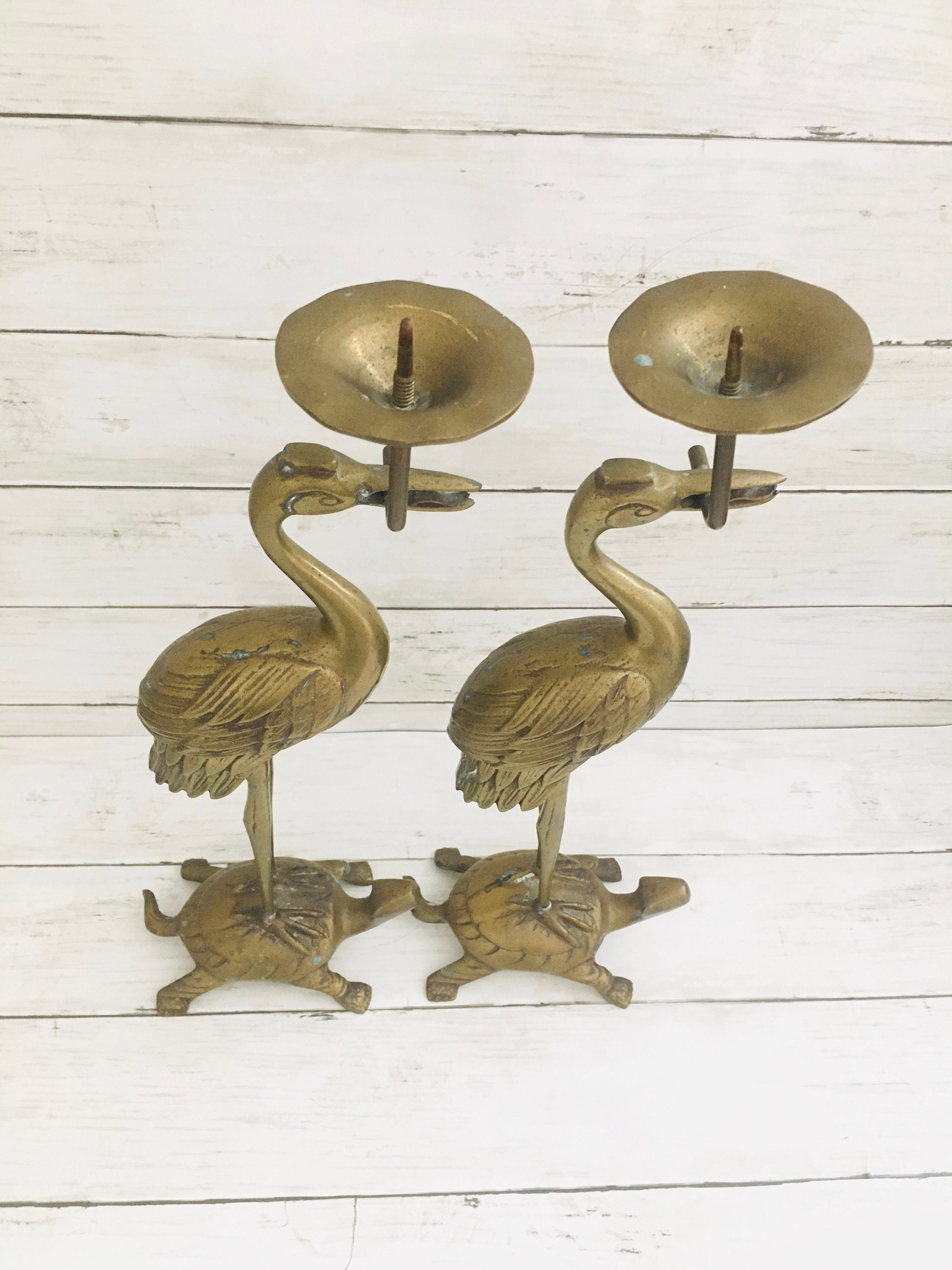 Vintage Large Brass Crane on Turtle Candle Holders Set of | Etsy