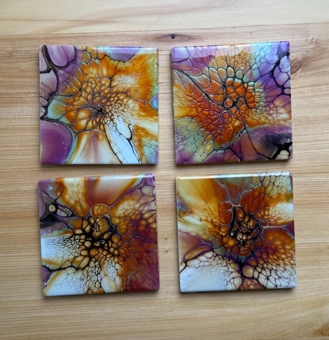 Handmade Ceramic Tile Coasters – Maroon, Sparkly Teal & Gold - Abstract ...