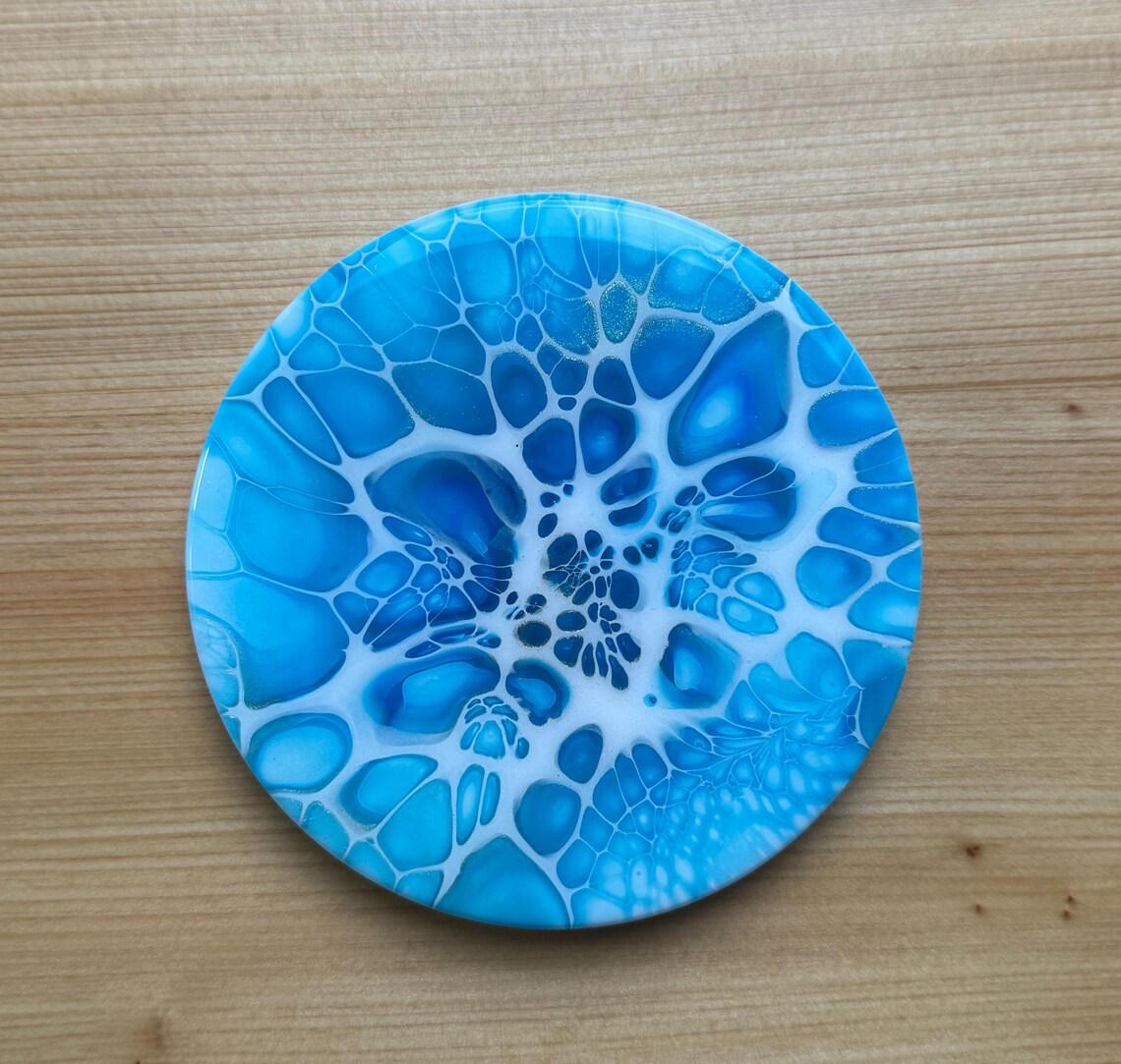 Handmade Ceramic Tile Coasters – Blues and Gold Abstract Acrylic Pour ...