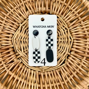 Black and White Checkered Earrings Statement Earrings Handmade Polymer Clay Earrings Simple ...