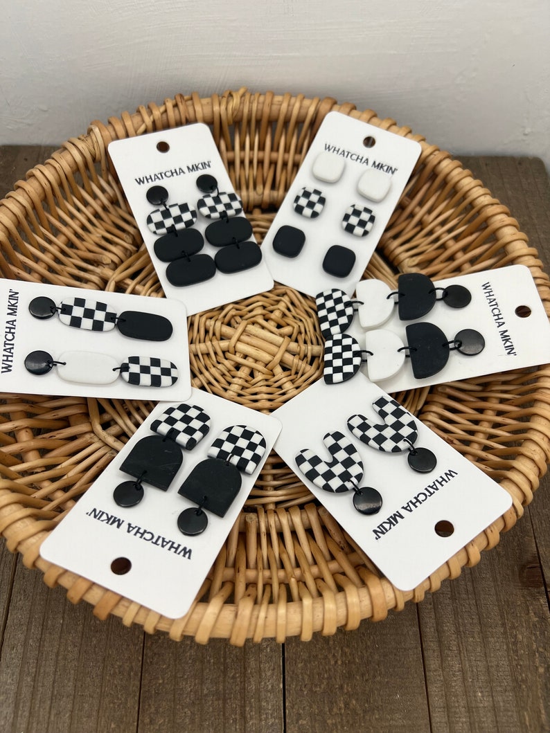 Black and White Checkered Earrings Statement Earrings Handmade Polymer Clay Earrings Simple ...