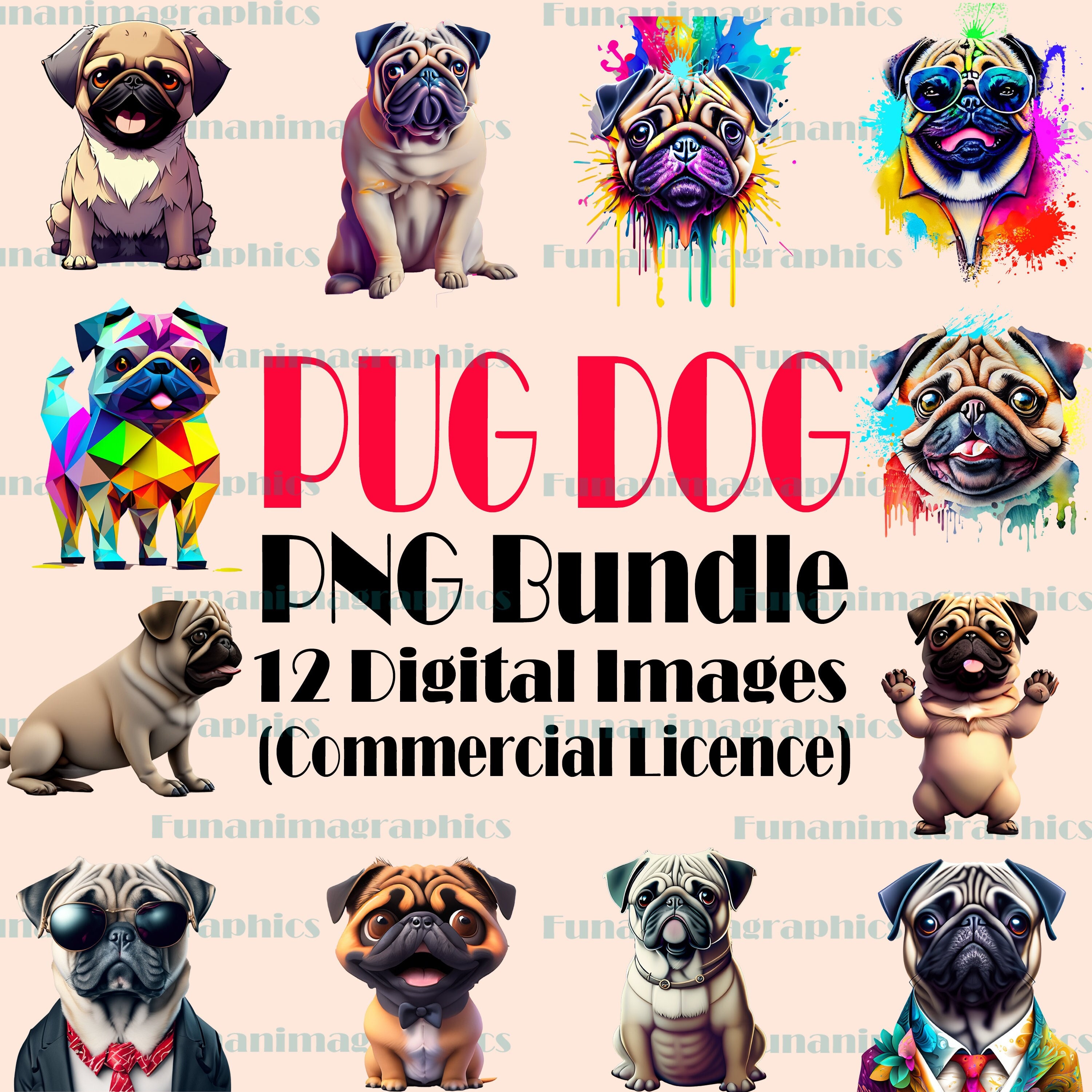 Pug PNG Transparent Background, Pug Dog Digital Download PNG Bundle ...