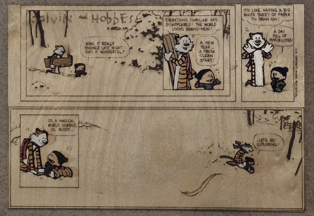 Calvin and Hobbes Laser Engraved, Hand Painted, Final Comic Strip - Etsy