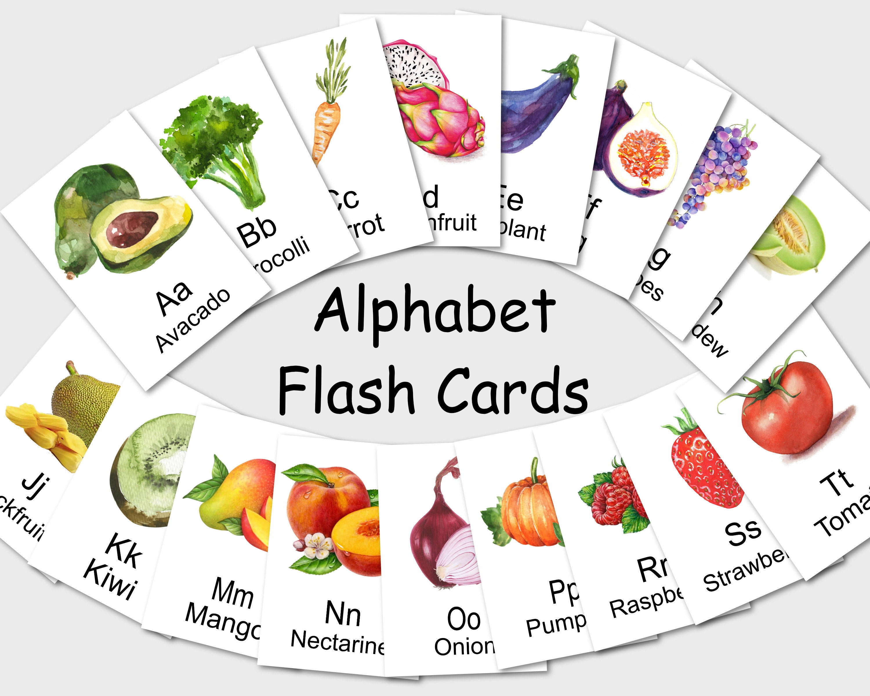 Fruits and Vegetables Alphabet Flash Cards, Names of Fruit and Veggies ...