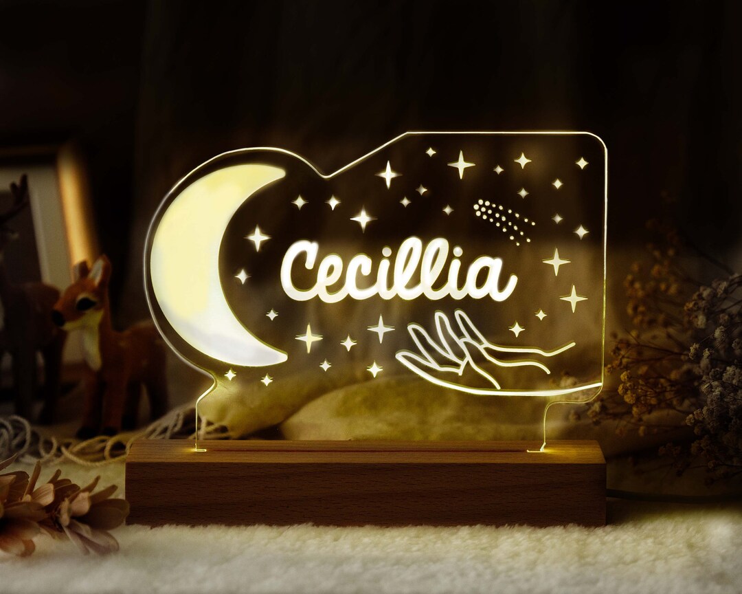 Custom Name Night Light Valentines Gifts Bedroom LED Moon and Star ...