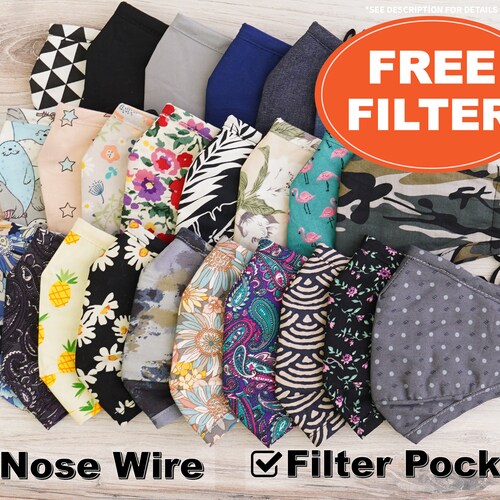Cotton Face Mask With Nose Wire Filter Pocket 4 Layers Face | Etsy
