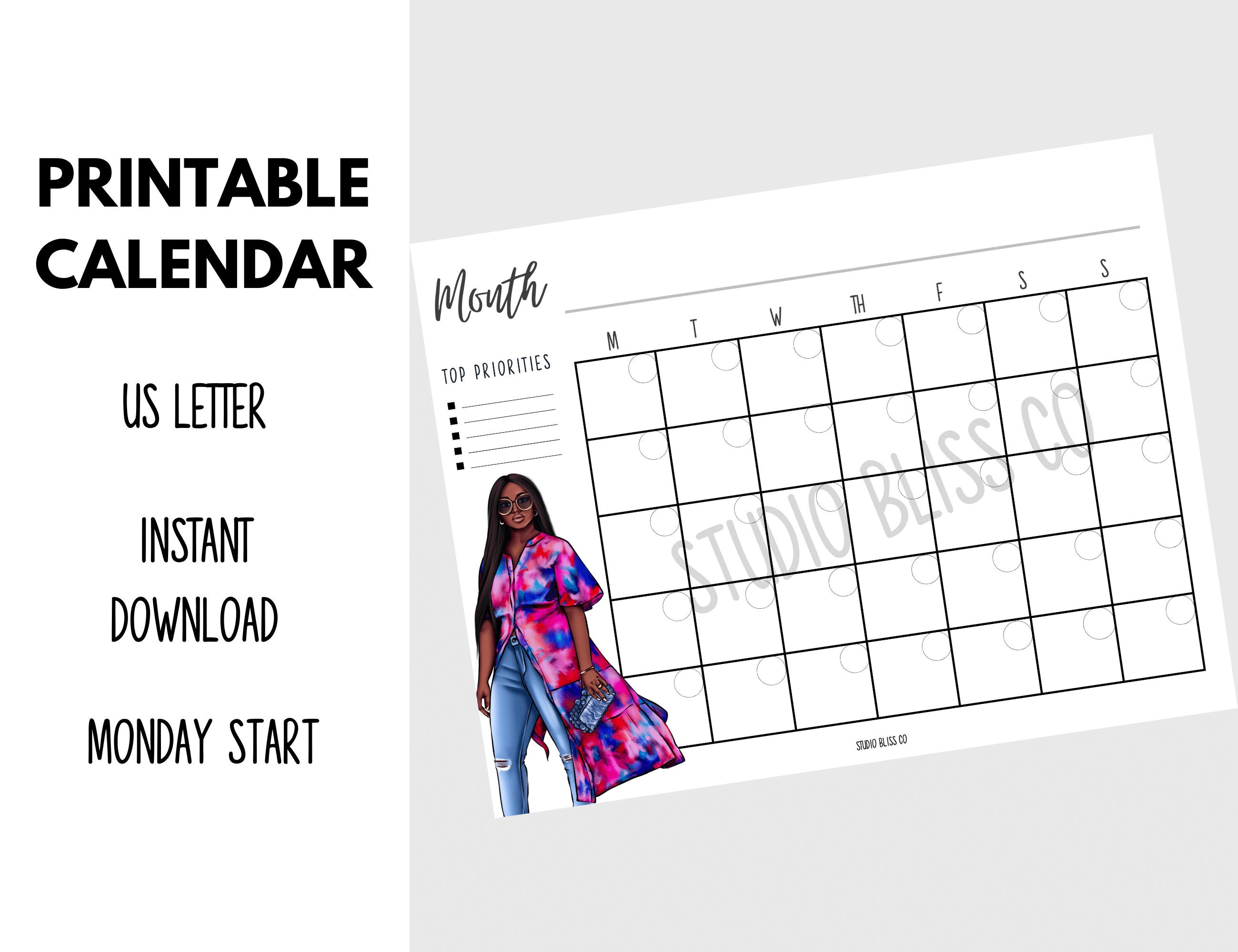 Undated Monthly Calendar Printable Digital Download - Etsy