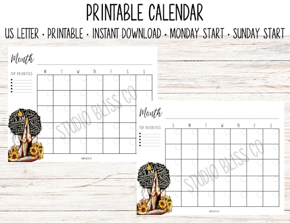Undated Monthly Calendar Printable Digital Download - Etsy