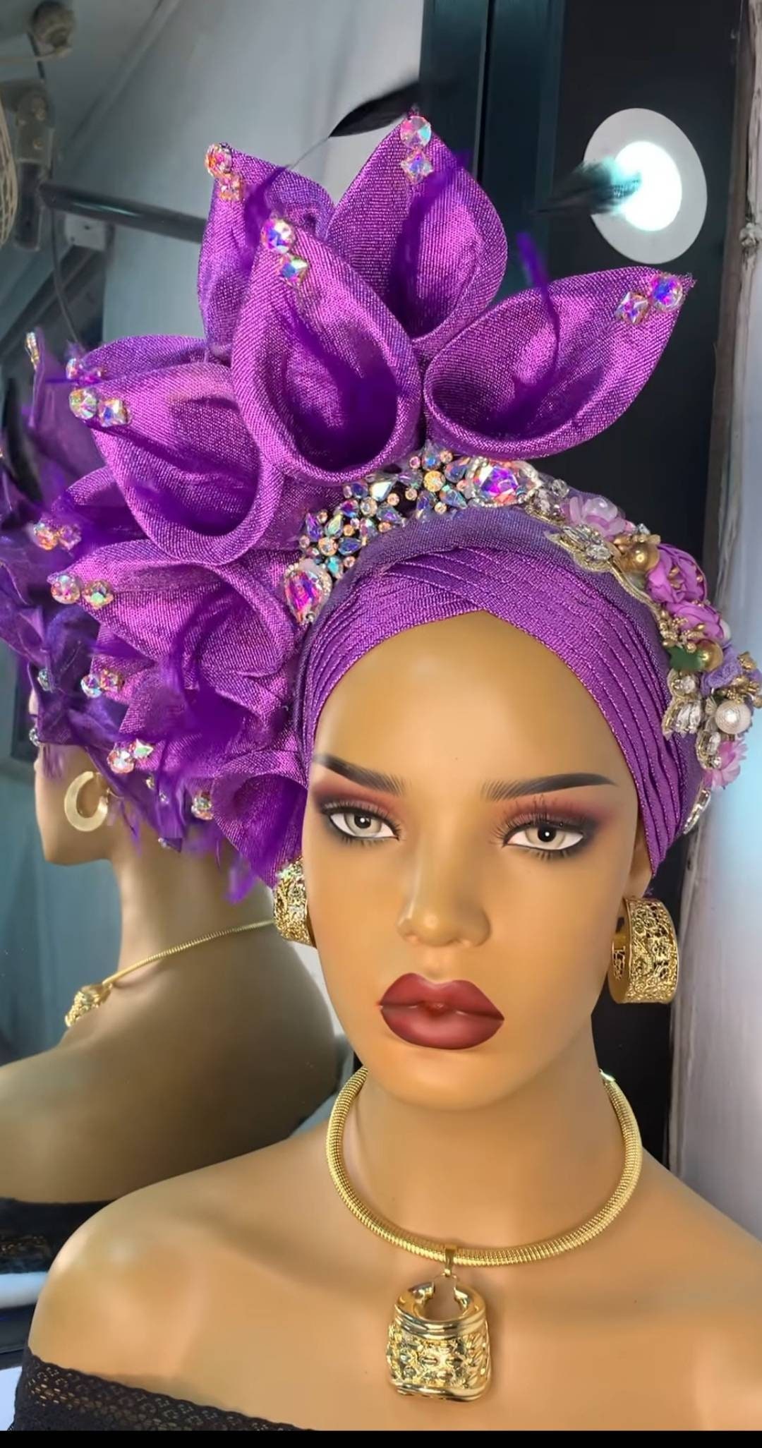 Turban Auto Gele With Festhers,asooke,ready to Wear Headgear, Pte-tied ...