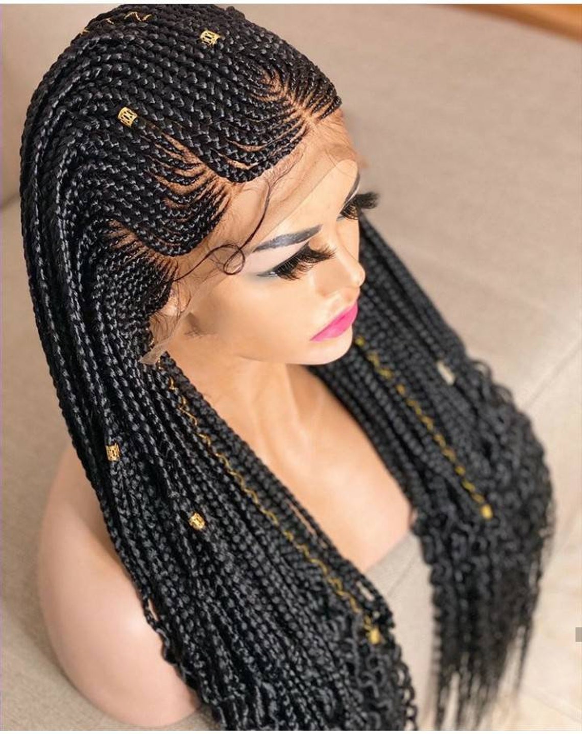 Braided Wig Cornrow Wigbox Braided Wig With Curled Tips Lace Etsy