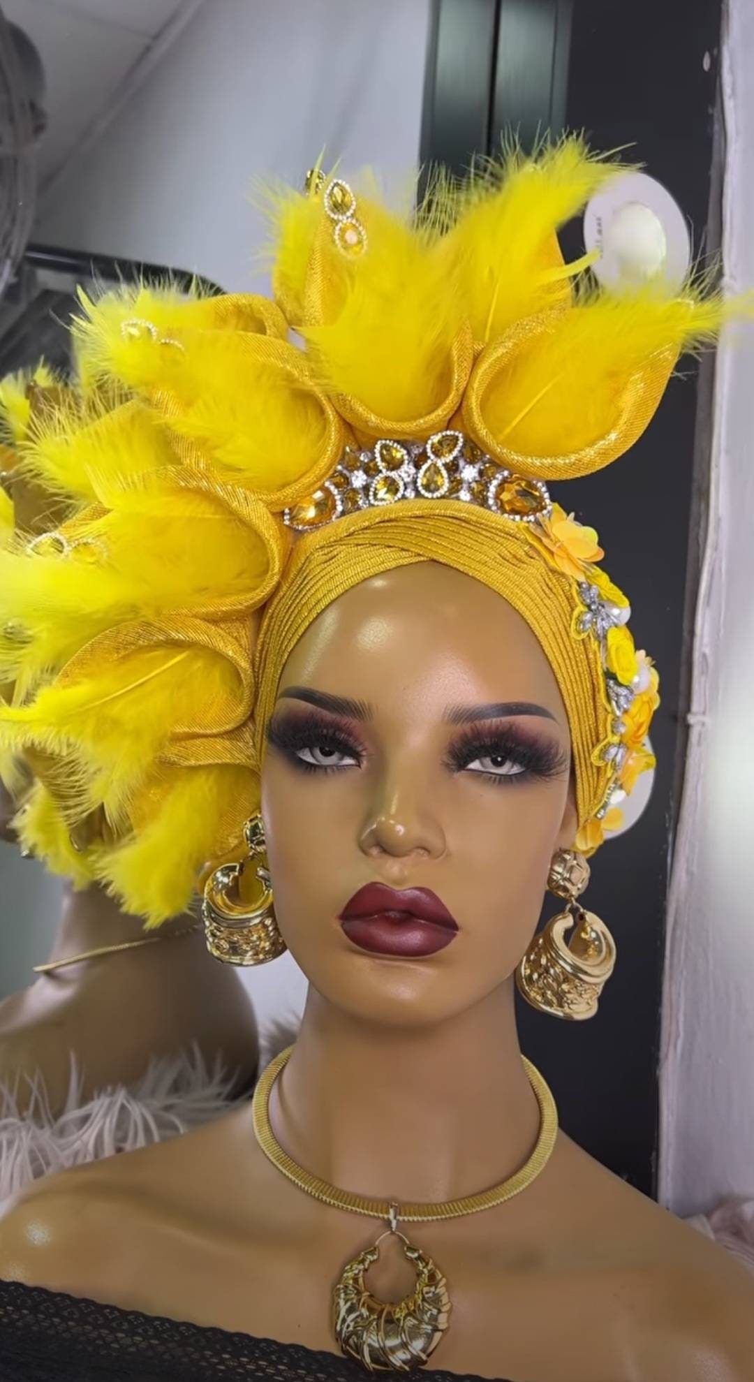 Turban Auto Gele With Festhers,asooke,ready to Wear Headgear, Pte-tied ...