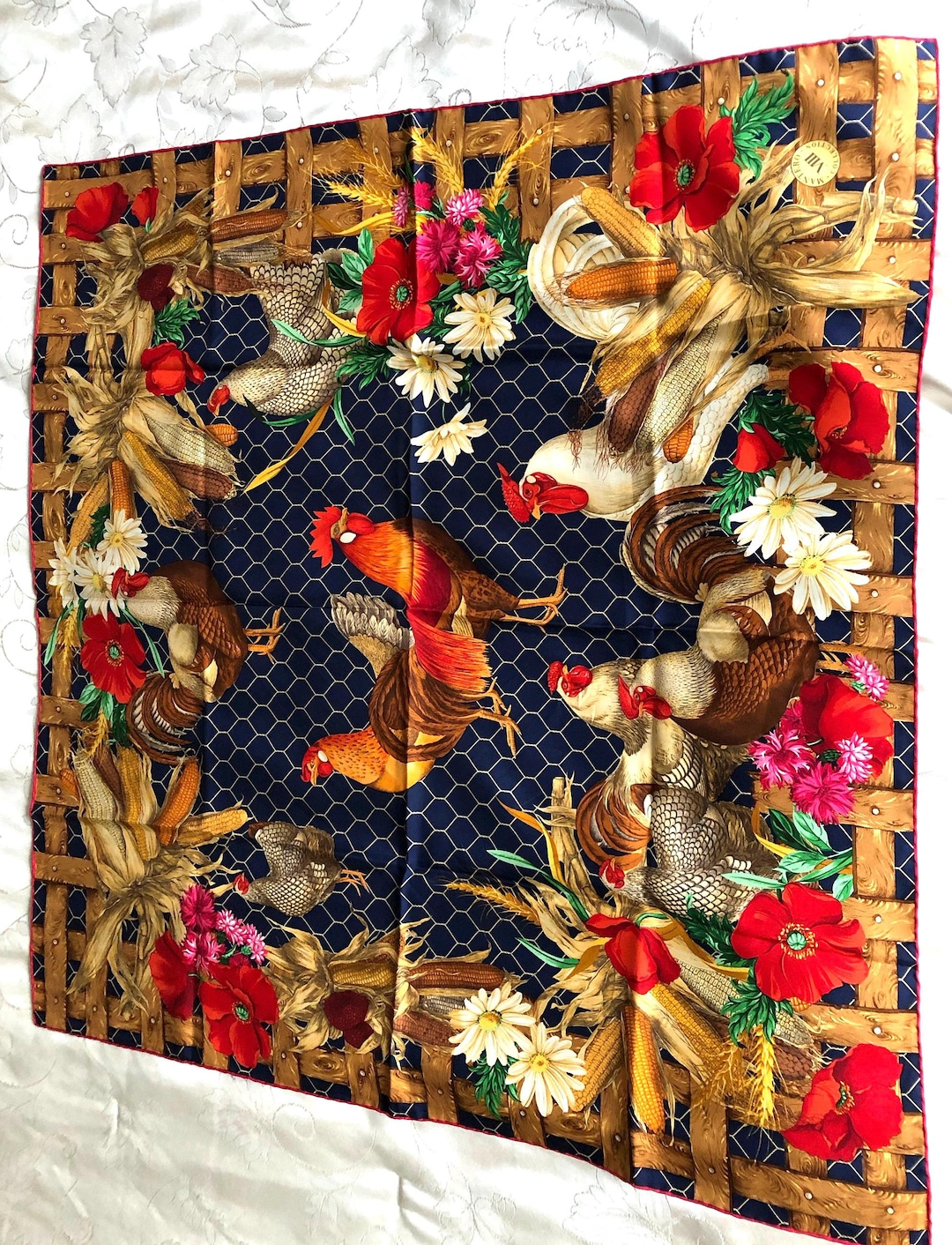 Mantero Silk Scarf: Vintage Navy Blue Chicken & Floral Print - Etsy