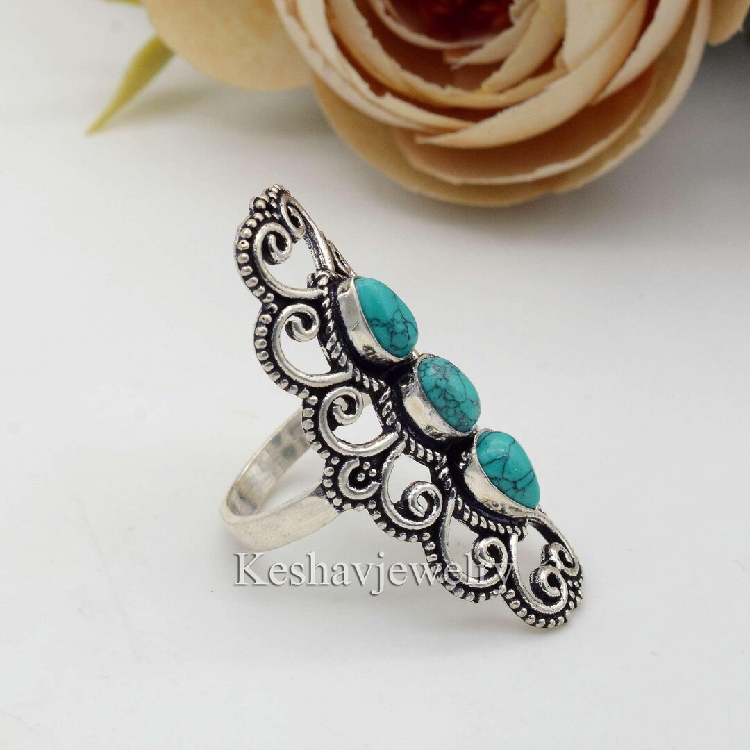 Turquoise Multi Stone Ring: Long Statement Silver Jewelry - Etsy