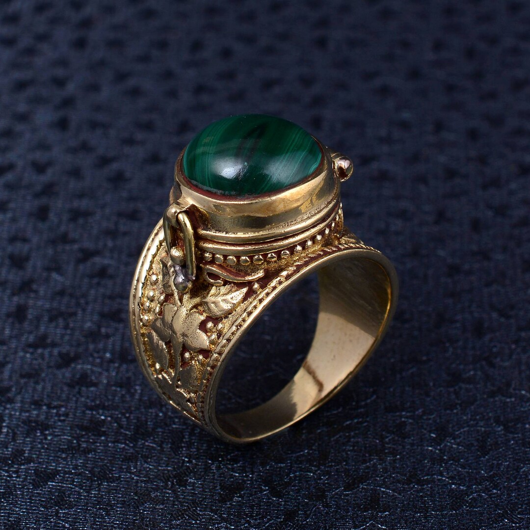 Malachite Poison Box Ring, Handmade Brass Secret Compartment - Etsy