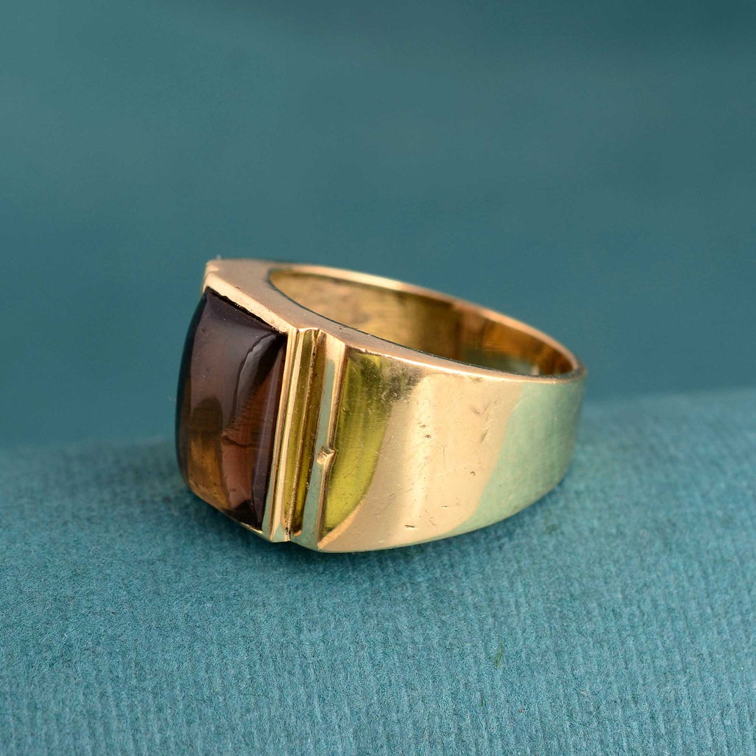Tiger Eye Signet Ring: Handmade Golden Brass Boho Statement Ring - Etsy