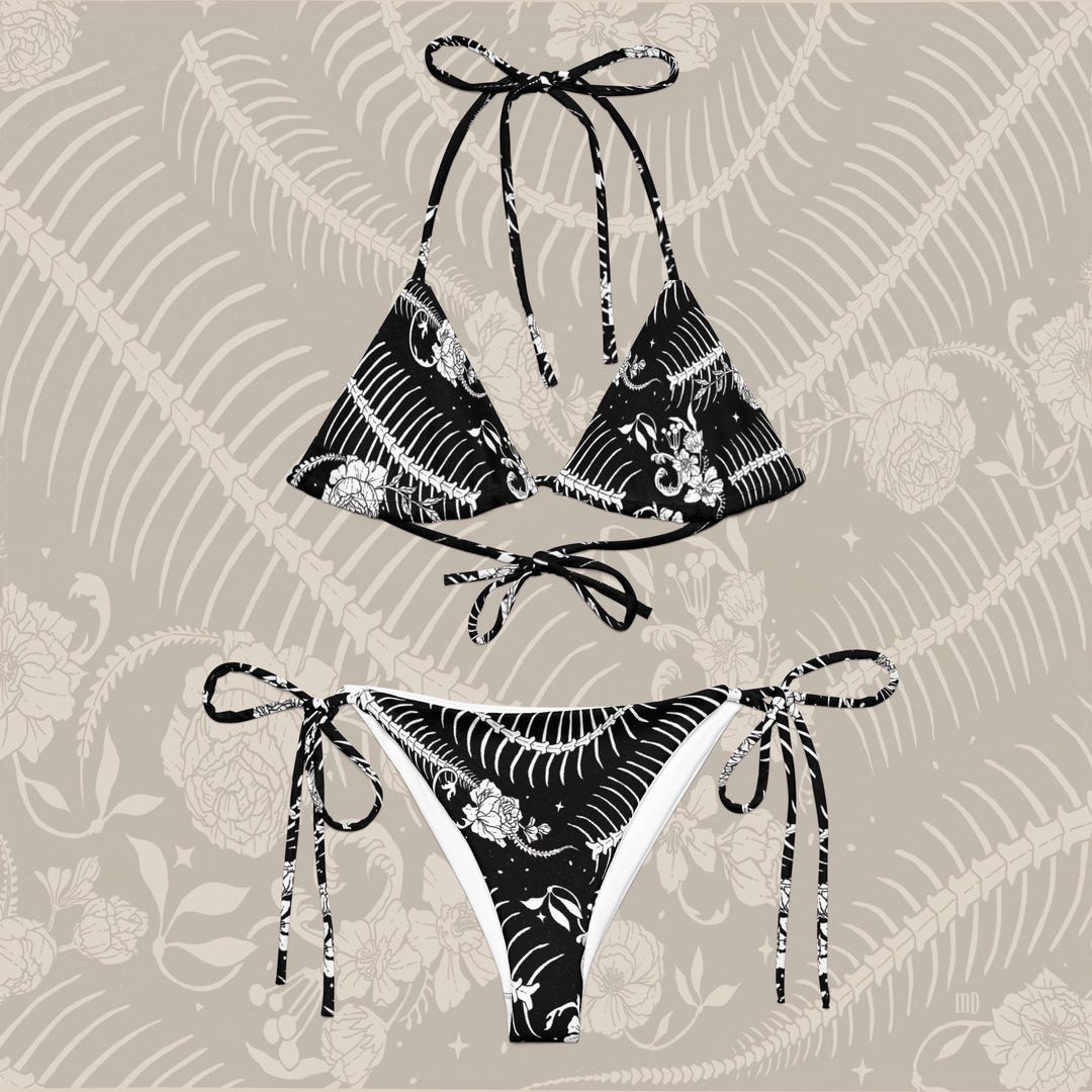 Snake Skeleton Gothic Bikini Set - Sexy Black String Recycled Floral ...