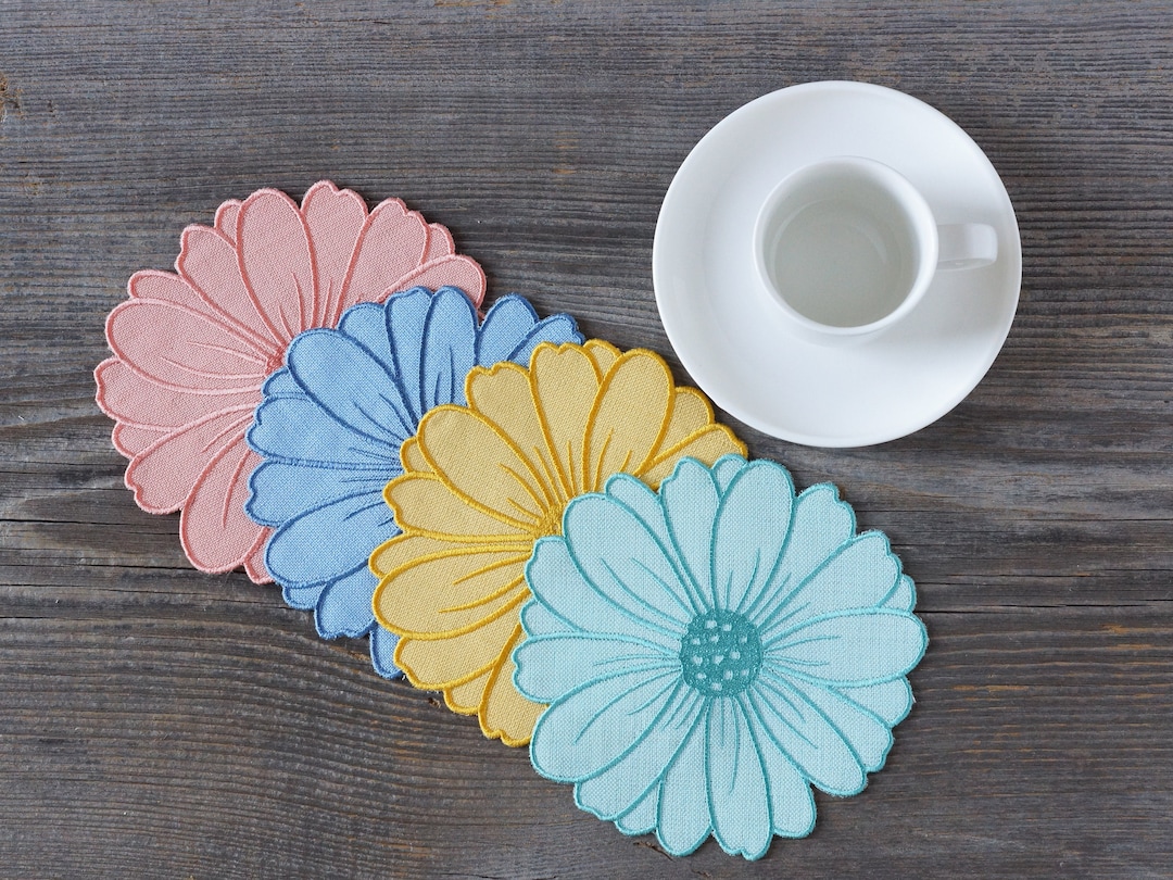 Daisy Style Fabric Coasters, Embroidered Cocktail Coasters - 5x5 ...