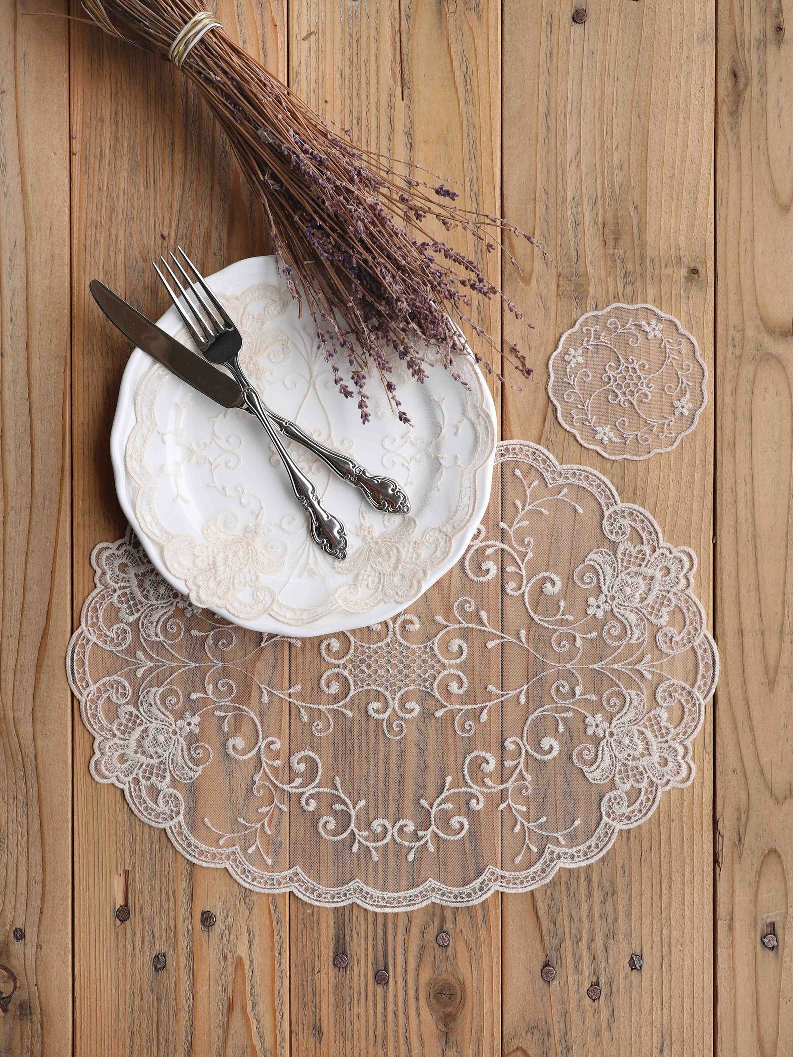 Beige Cotton Oval Lace Placemats, Round Doilies, Vintage Style Flower ...