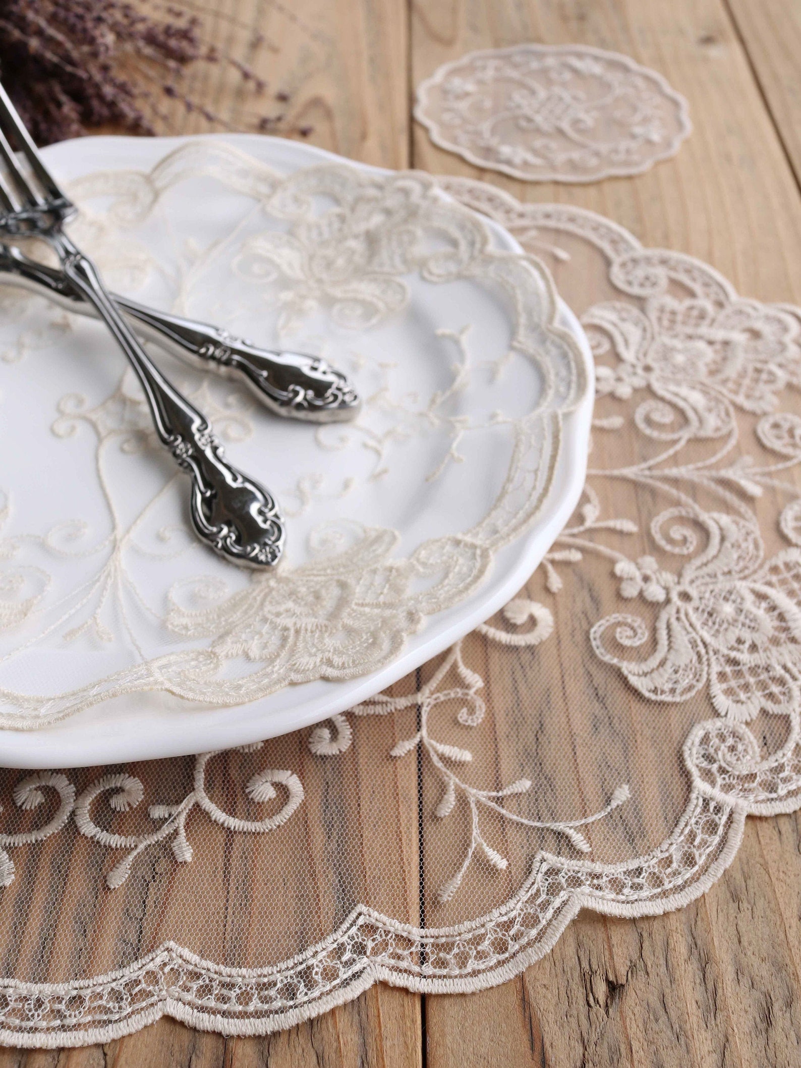 Beige Cotton Oval Lace Placemats, Round Doilies, Vintage Style Flower ...