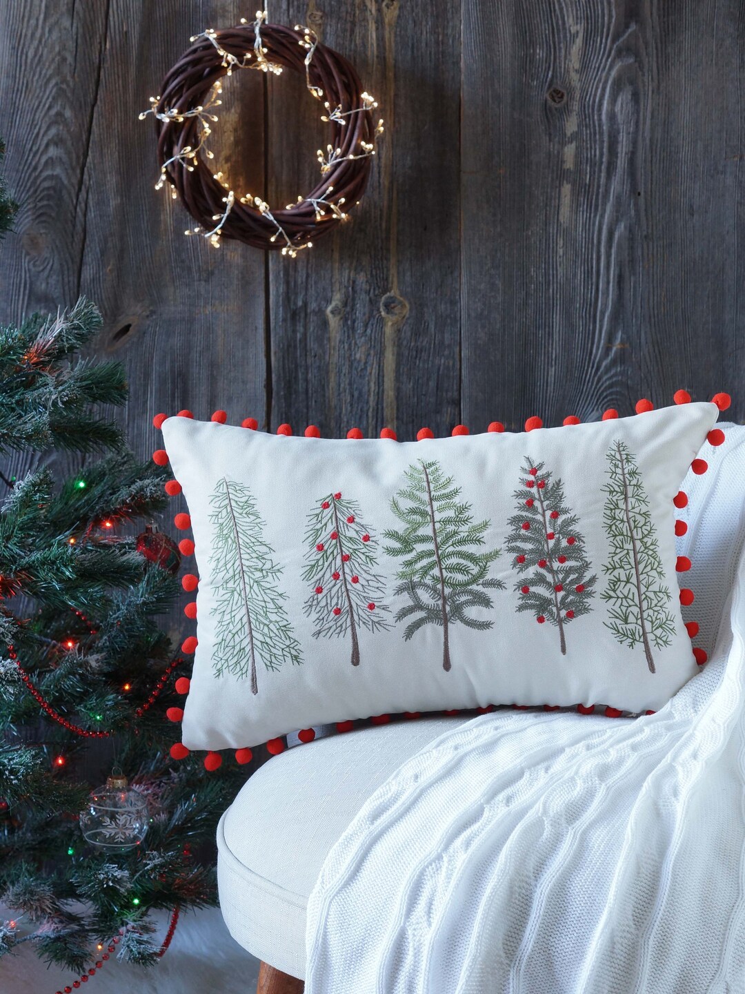 Pine Trees Pillow Cover, New Year Embroidered Throw Pillow Case ...