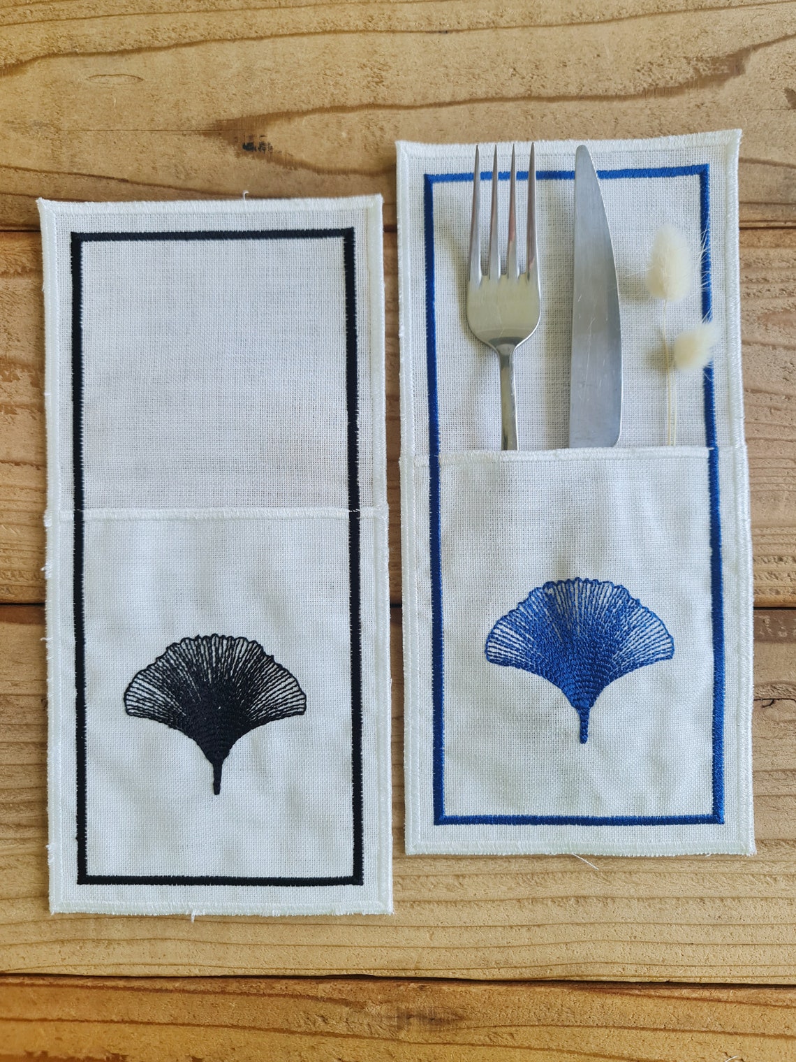 Linen Style Cutlery Holder, Flower Embroidered Fabric Silverware Holder ...