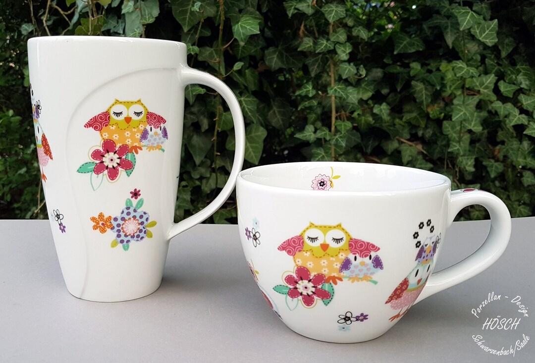 Mug XXL 1 Liter Porcelain 0.6 L and 0.4 L Owl Pink Easter Gift Best ...