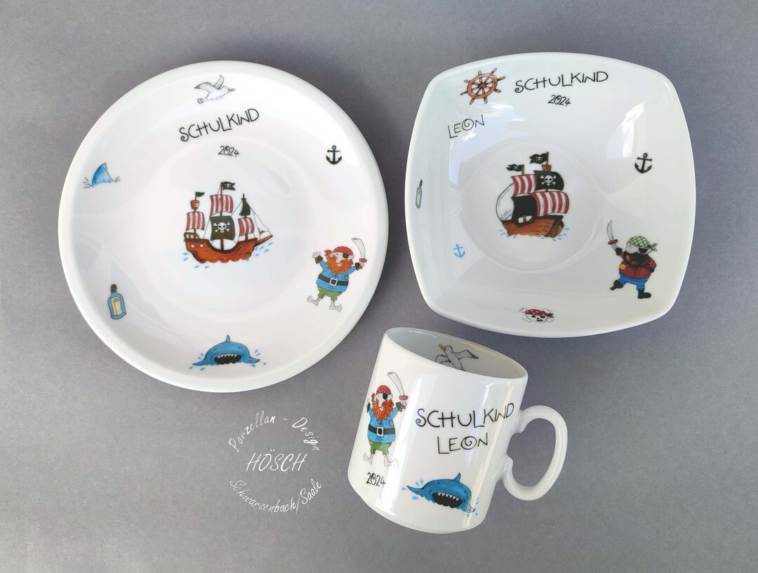 Tasse zur Einschulung 2024 Schale Teller Kindergeschirr Set 3-teilig Set 2-teilig Porzellan Prat ...