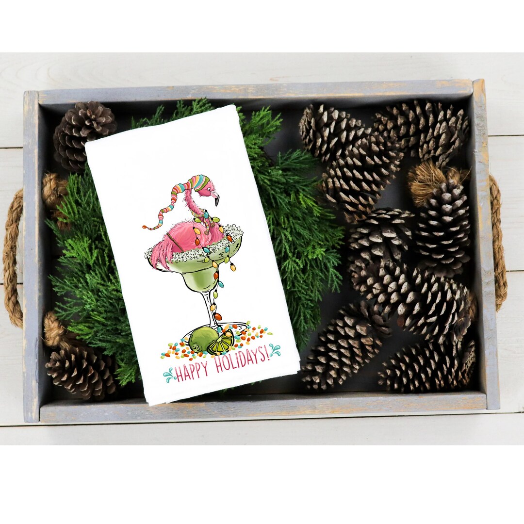 Festive Flamingo Happy Holidays Kitchen Towel Margarita Glass With ...