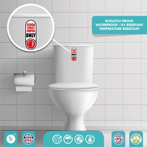 Flush Toilet Paper Only Sticker - Waterproof - Restroom Sign - Bathroom ...