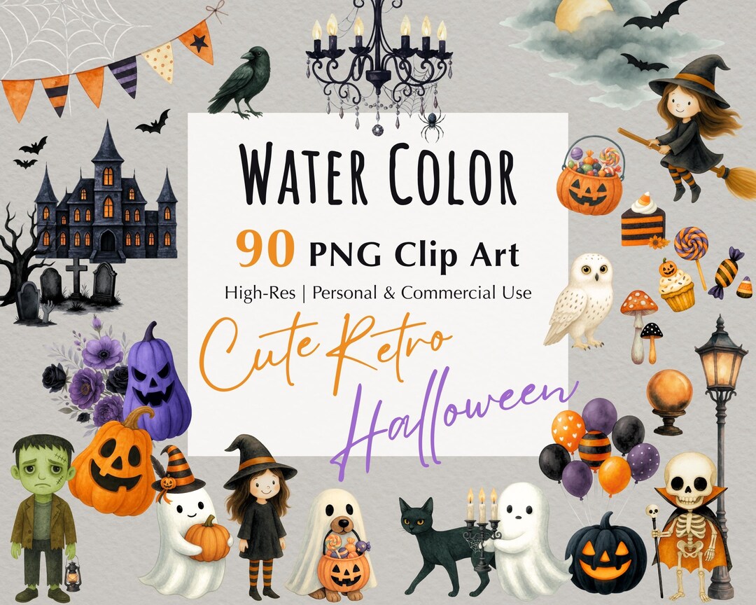 Retro Halloween Clipart Bundle: Watercolor Pumpkins, Ghosts, Cats ...