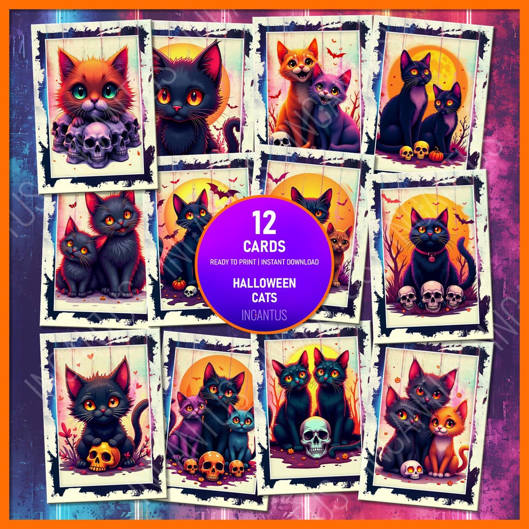 12 Halloween Cats Printable Card Bundle – Cute Spooky Cat Designs for ...