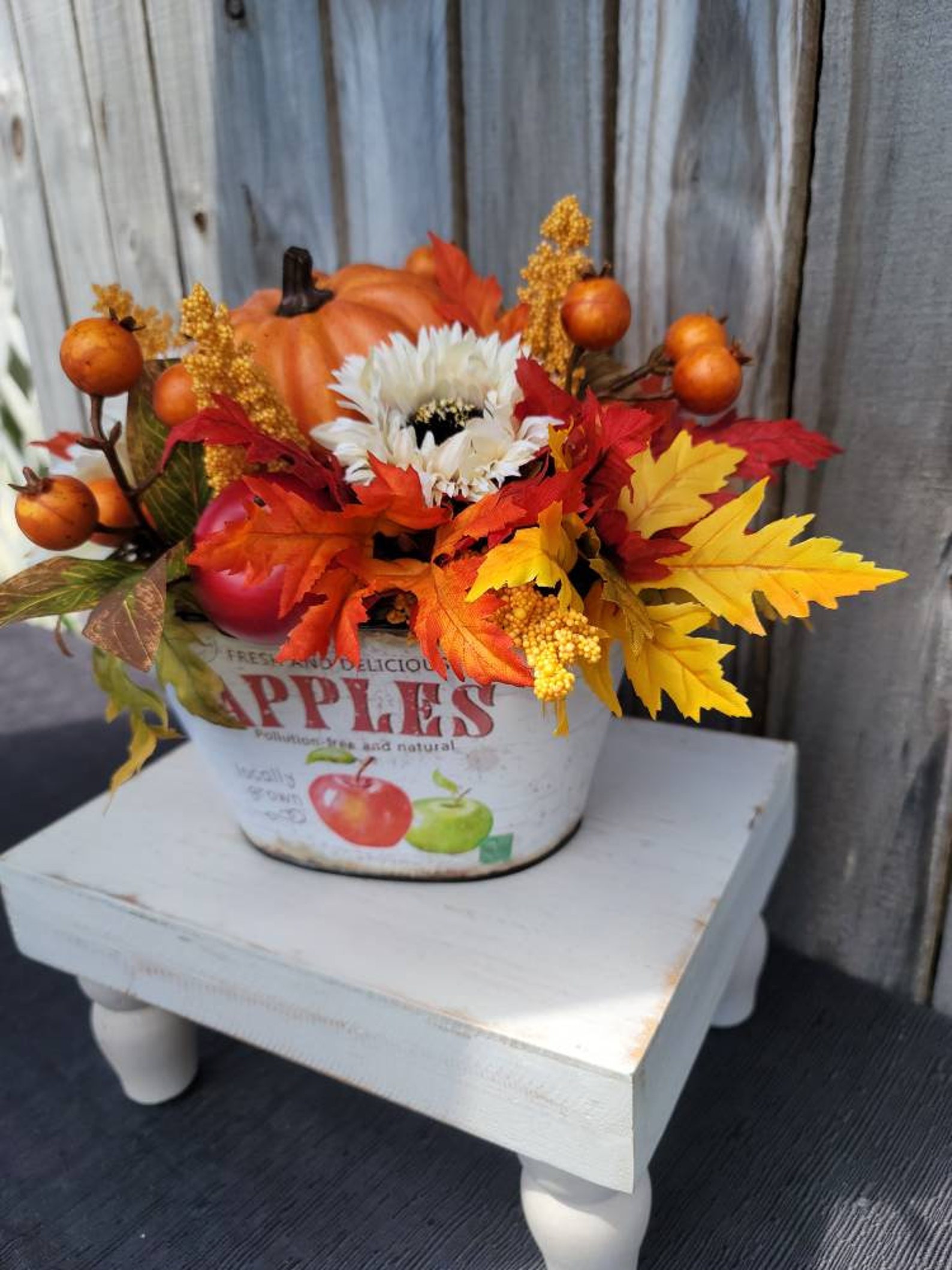 Fall, Apple and Pumpkin Centerpice. Cream and Beige Sunflowers Accent ...