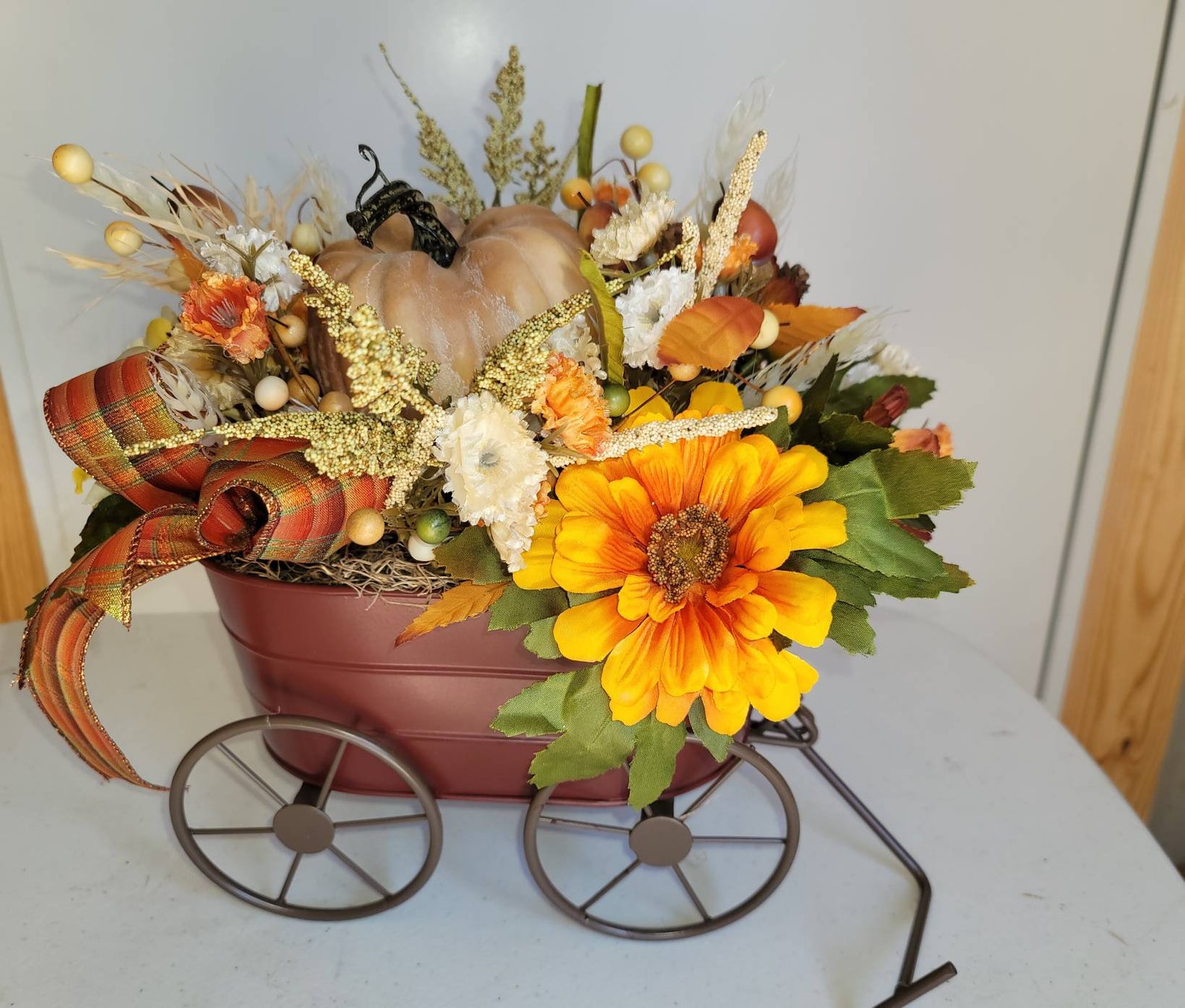 Fall Wagon Centerpiece With a Pumpkin Fall Flowers and Acorns. - Etsy