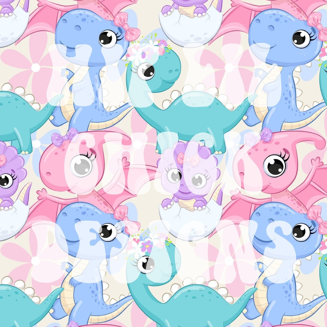 Girly Cute Dinosaurs Seamless Design Beige Background - Etsy