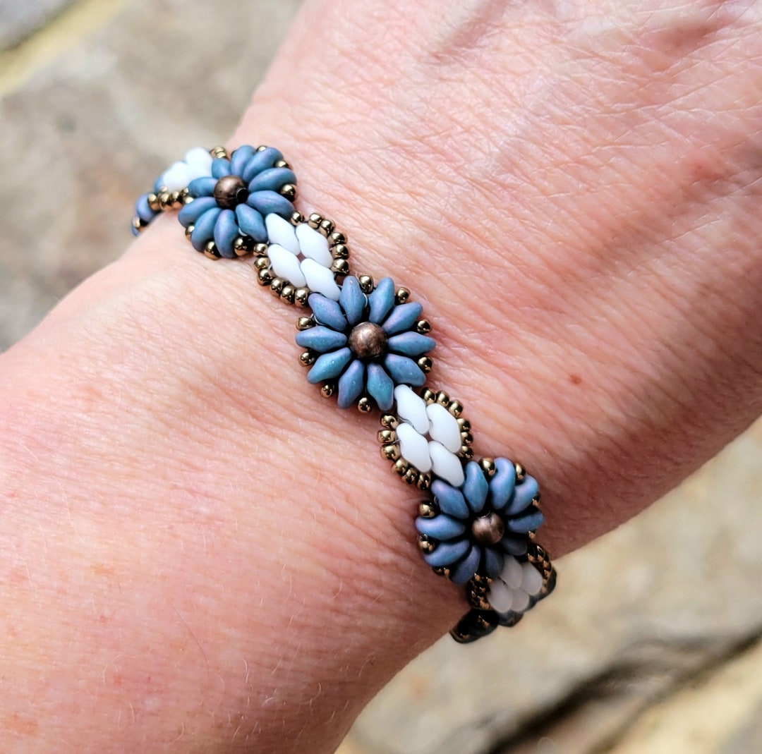 Cornflower Blue and White Flower Bracelet - Handmade, Sewn, Glass Beads ...